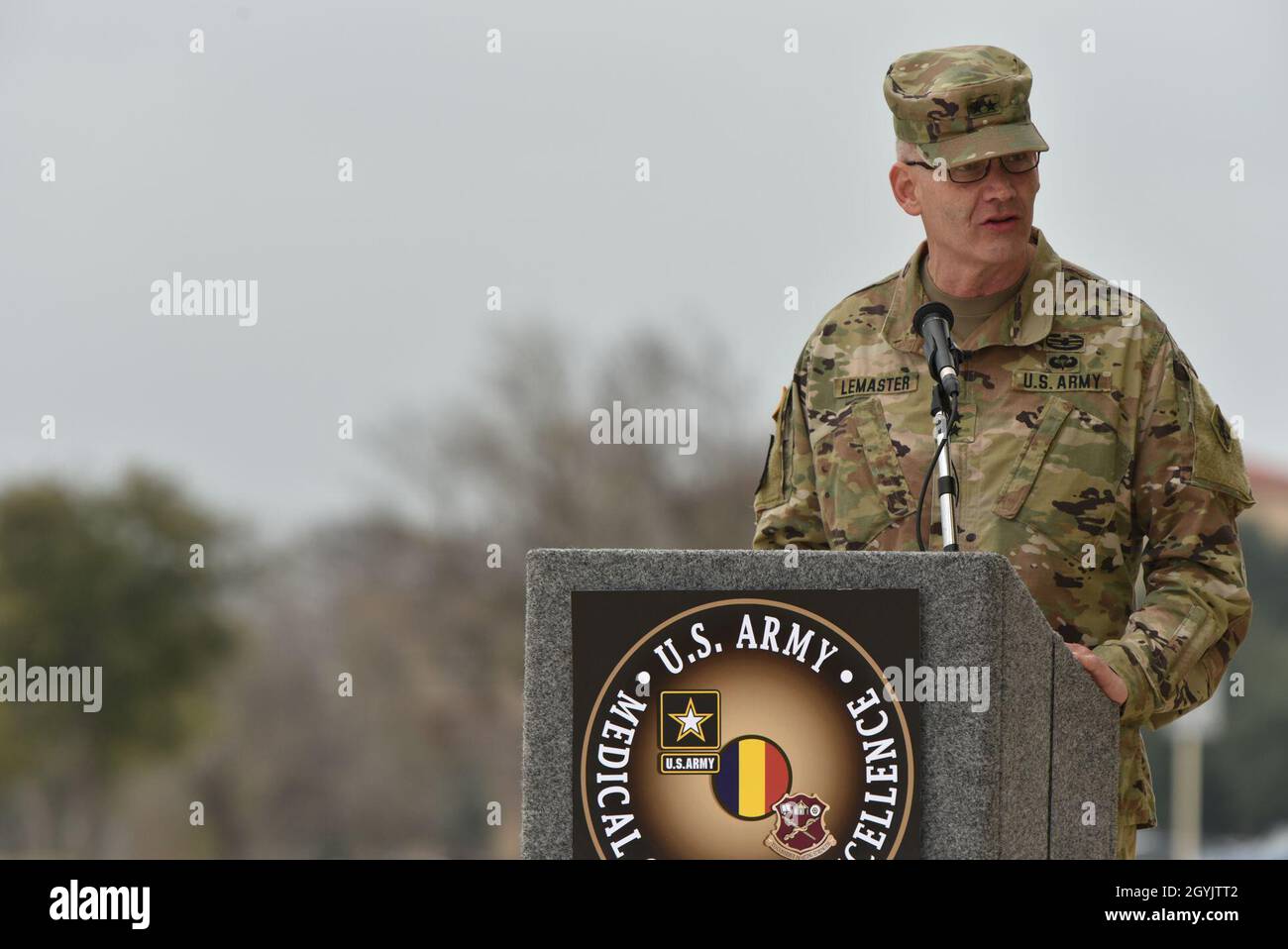 MG Dennis P. LeMaster giving his remarks during the MEDCoE Change of Command Ceremony Stock ...