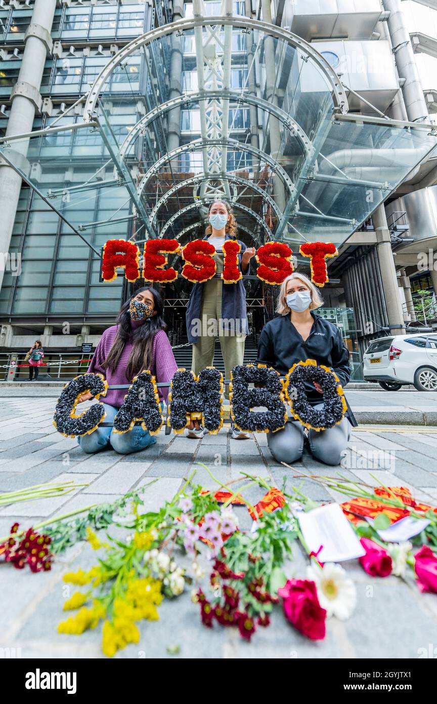 London, UK. 8 Oct 2021. Protesters from Coal Action Network set up a ...