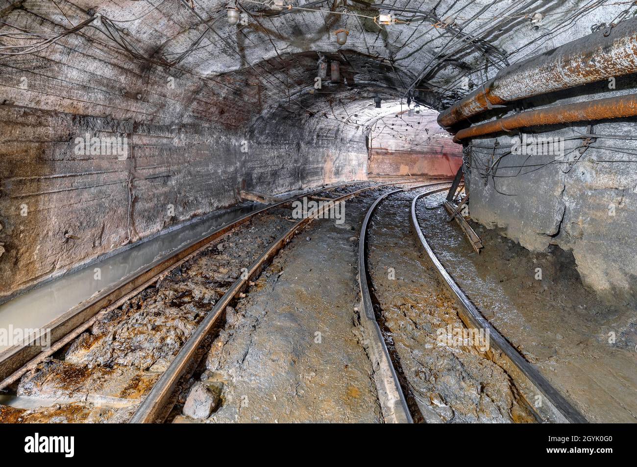 Underground mine. Underground railway for transporting ore. Mine ...