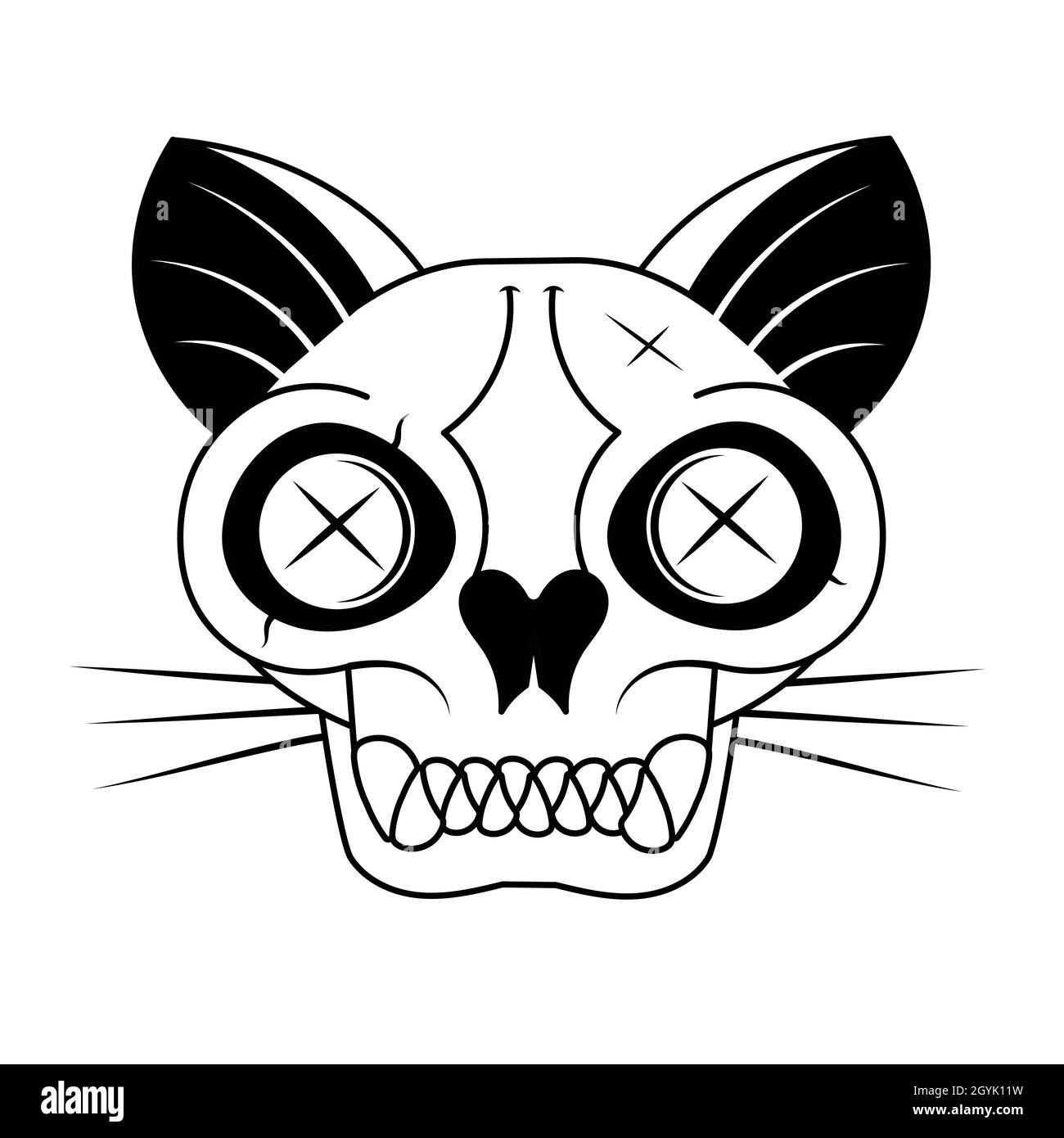 Cartoon black cat head with skull, cute Schrodinger s cat illustration ...