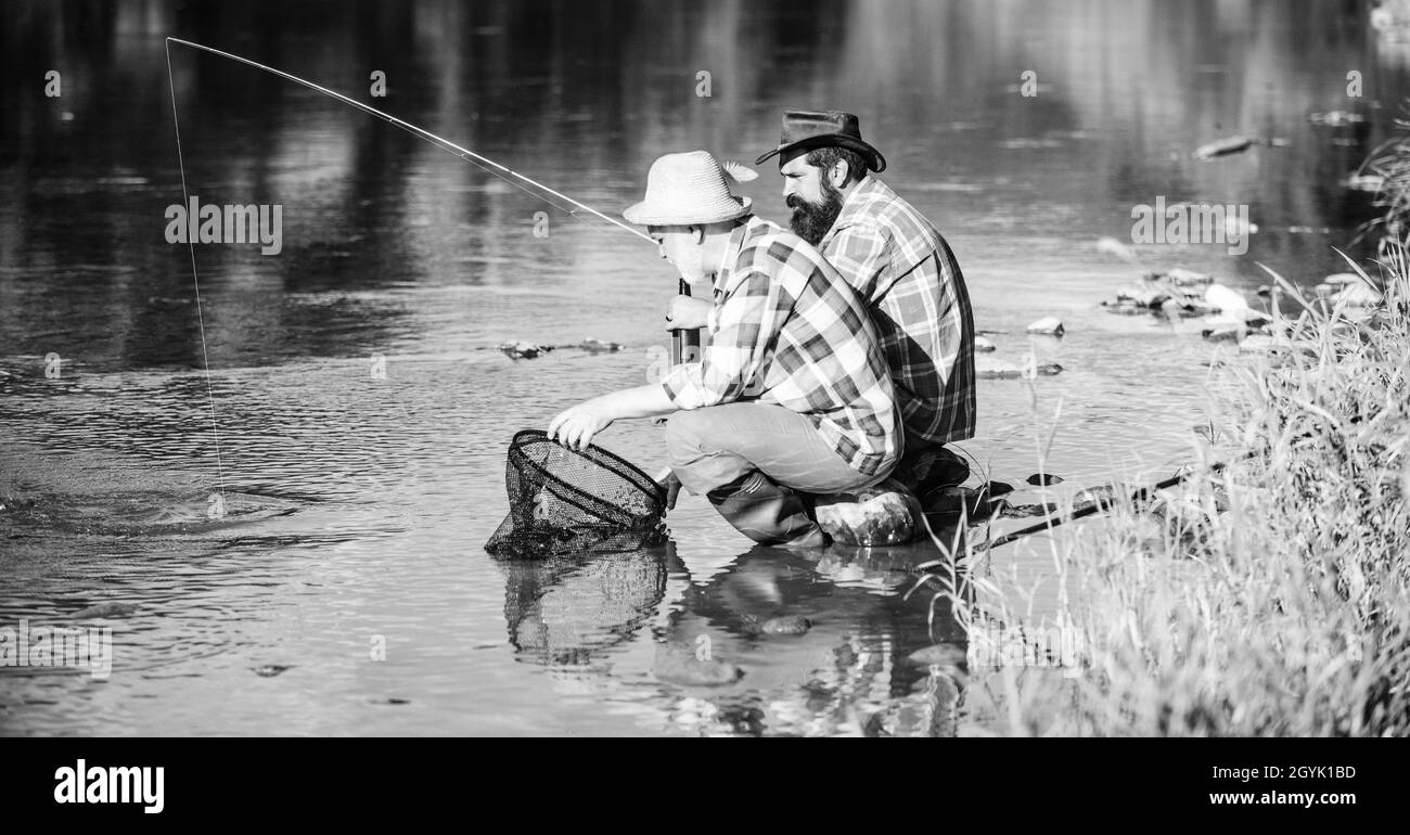 Bait and hook. Hobby and recreation. Good catch. Bearded men fishing ...
