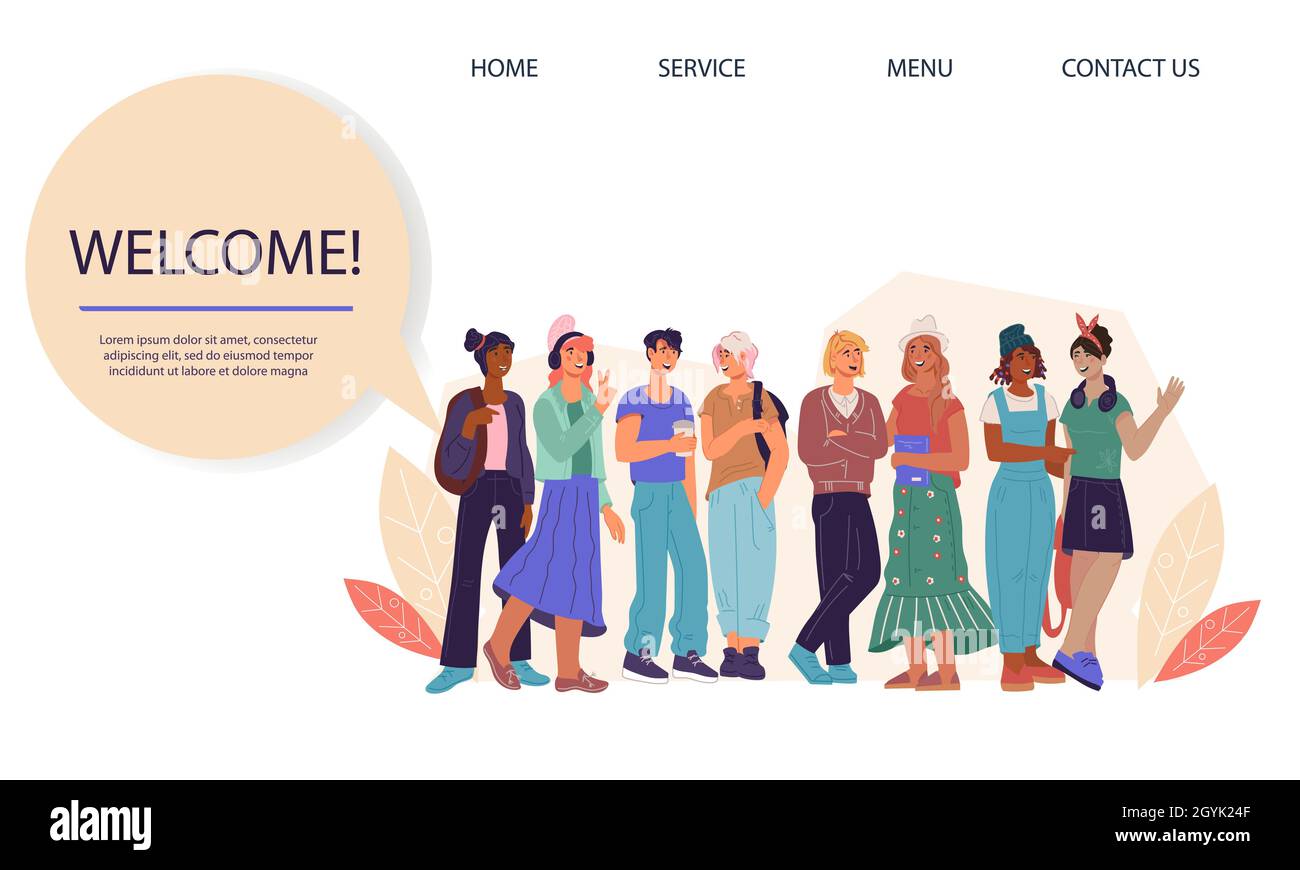 Welcome webpage interface with group of diverse university or college ...