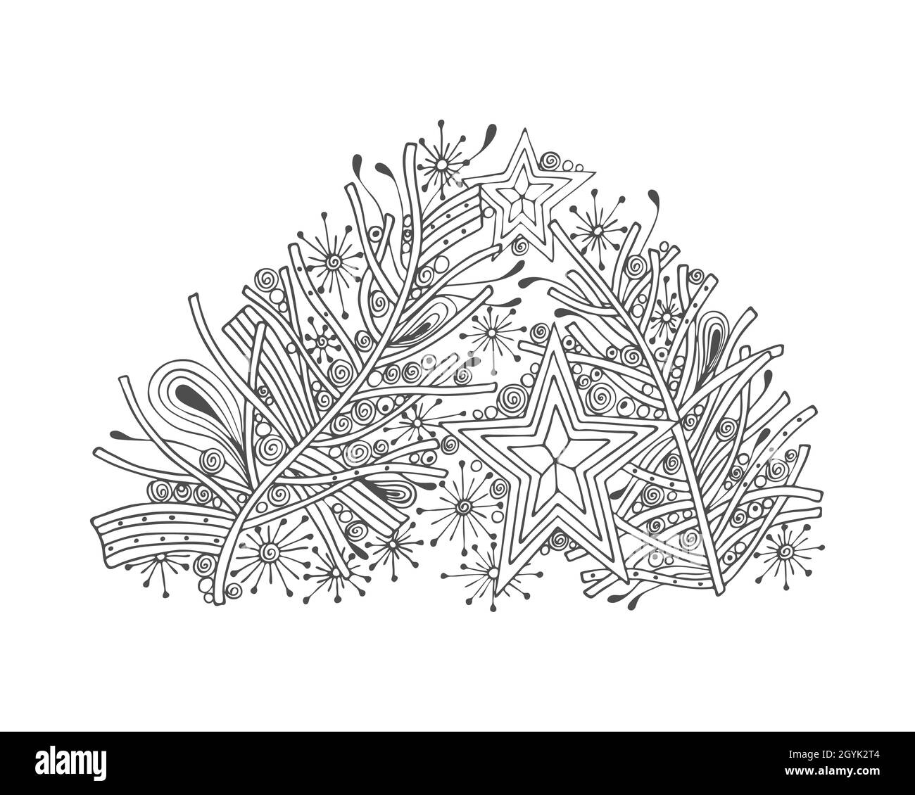 New Years Christmas zentangle star tree balls, hand drawing, contour ...