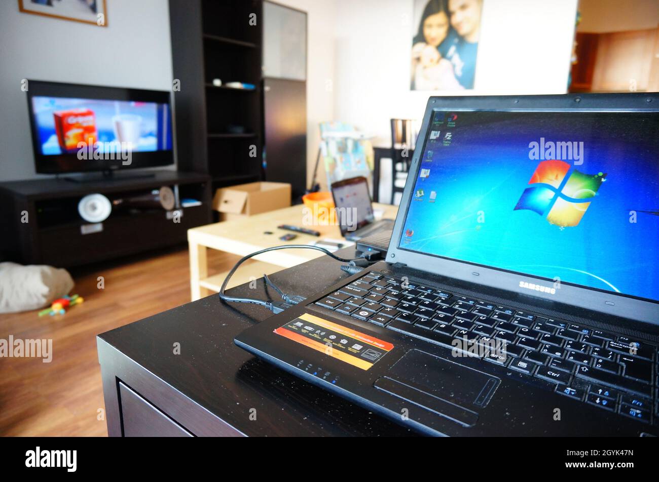 POZNAN, POLAND - Dec 21, 2014: An open laptop with a Windows logo on ...