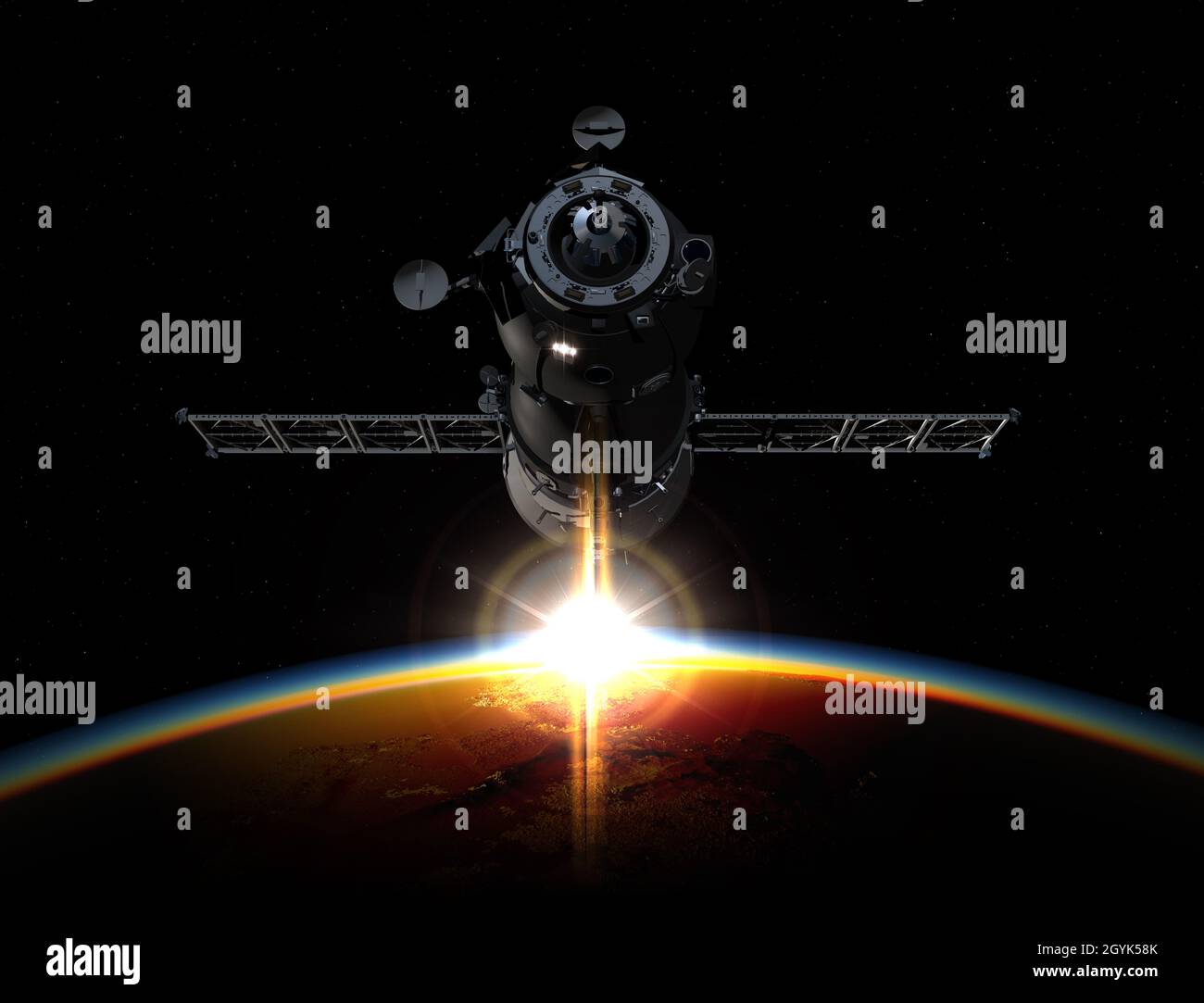 Spacecraft at the Earth orbit. 3d rendering background. 3D illustration ...