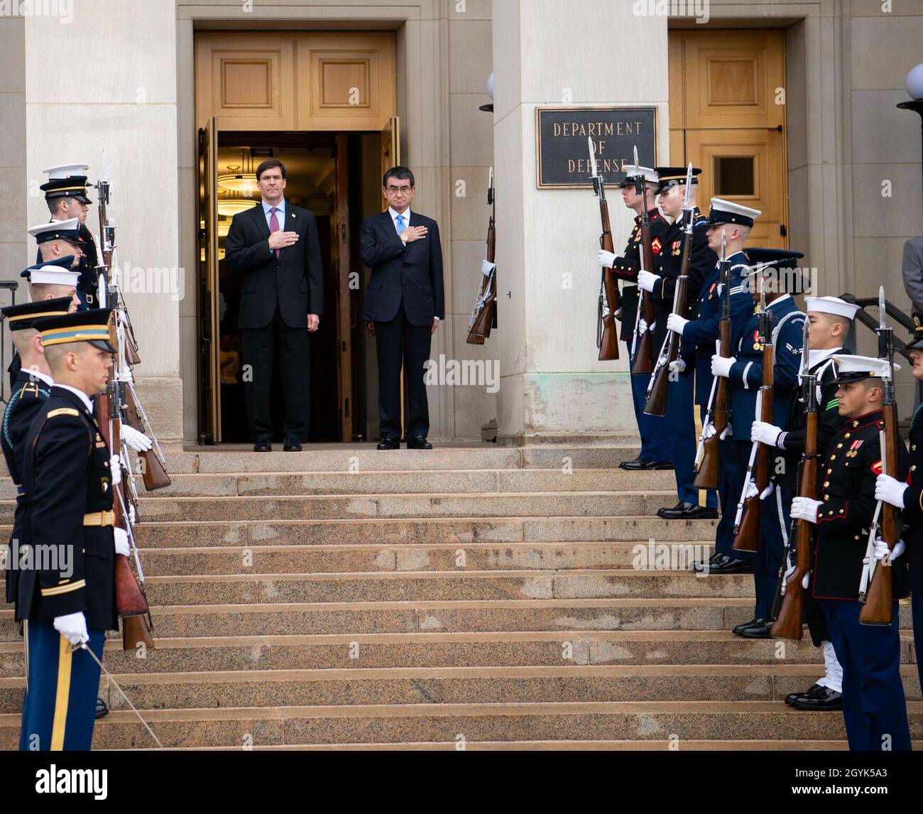 Defense Secretary Mark T. Esper and Japanese Defense Minister Tarō Konō ...
