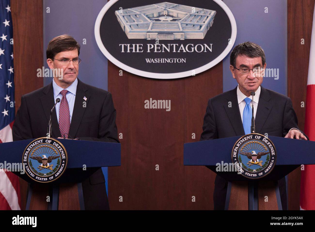 Defense Secretary Mark T. Esper and Japanese Defense Minister Tarō Konō ...