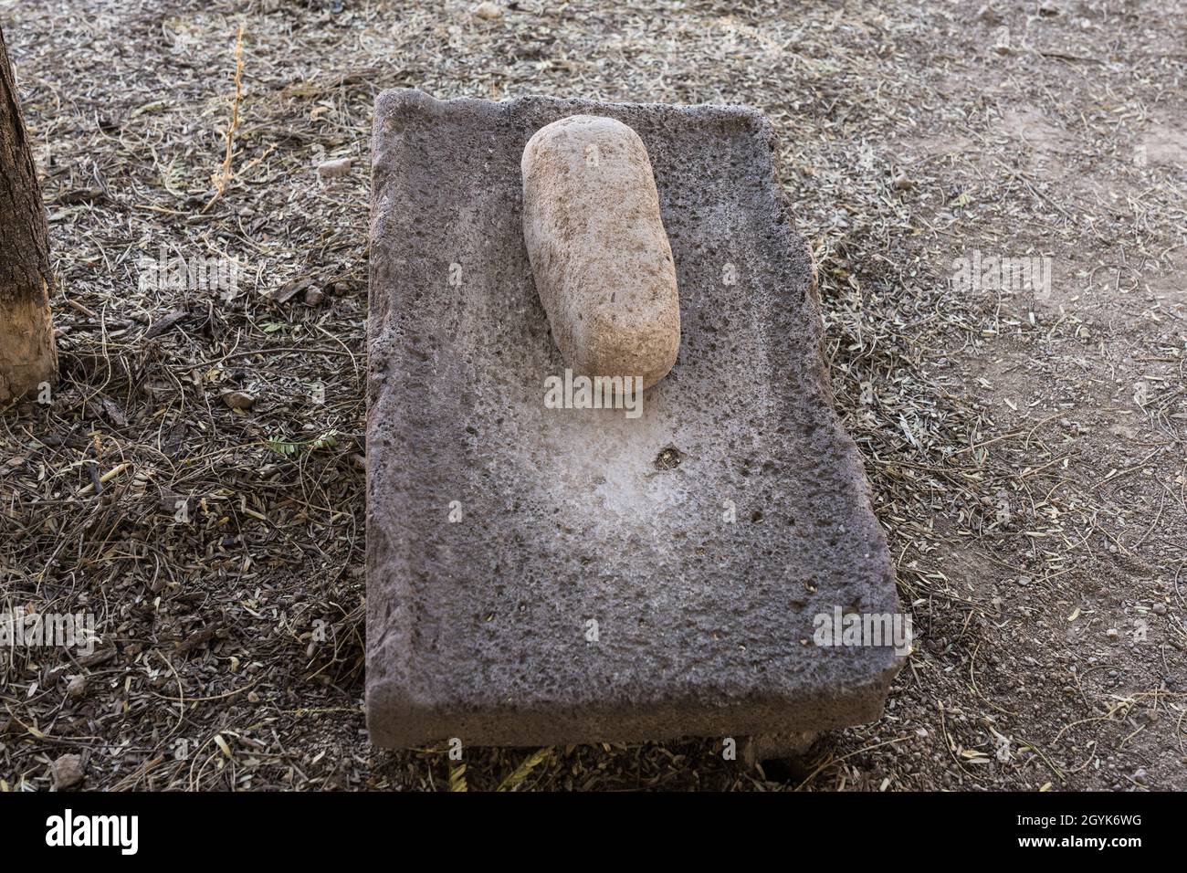 A traditional mano and metate used fro grinding corn. Tumacacori ...