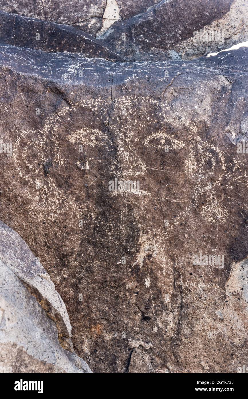 A human face carved on a basalt boulder in the Three Rivers Petroglyph ...