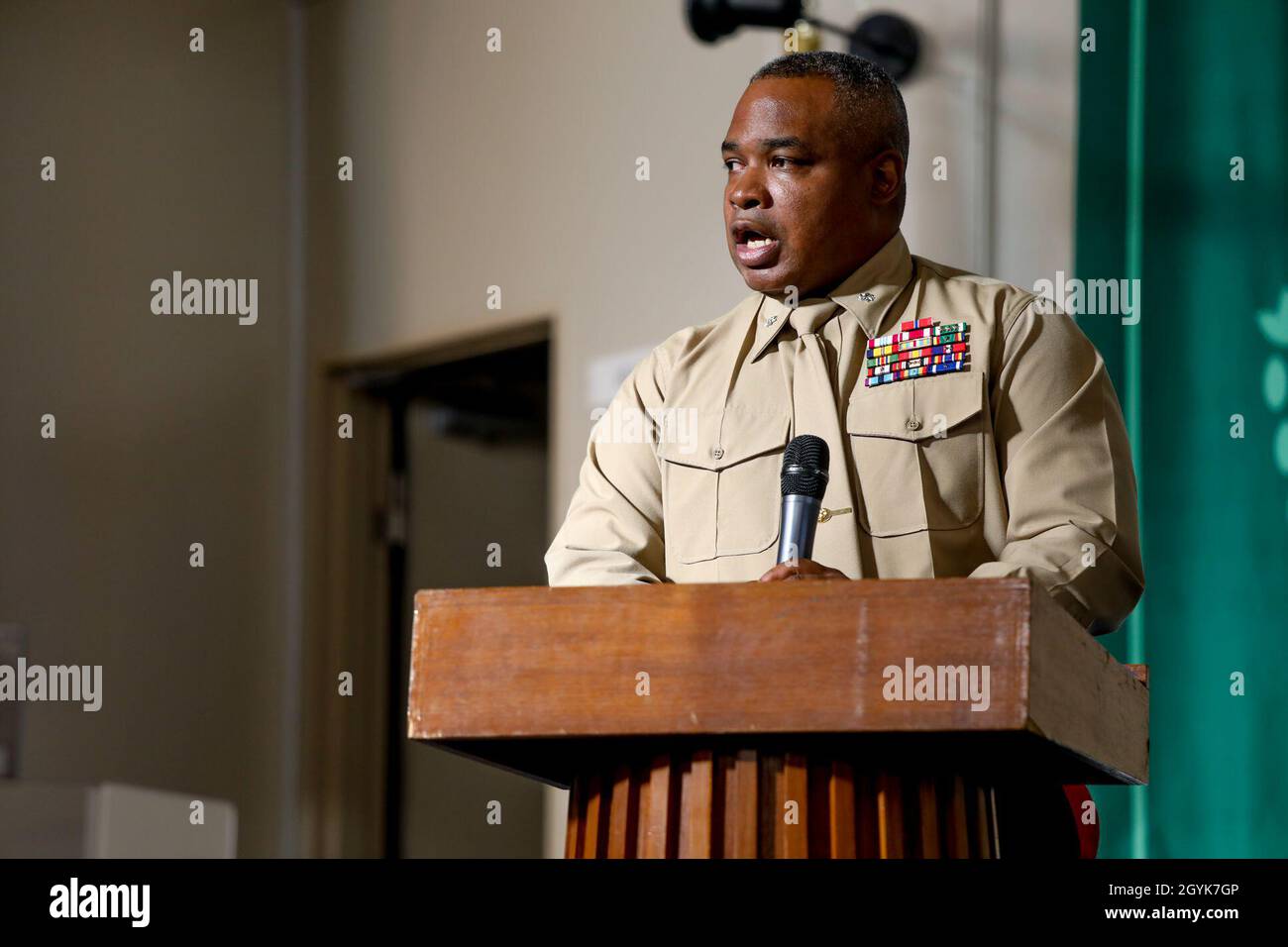 U.S. Marine Corps Lt. Col. Kenric Stevenson speaks during a ...