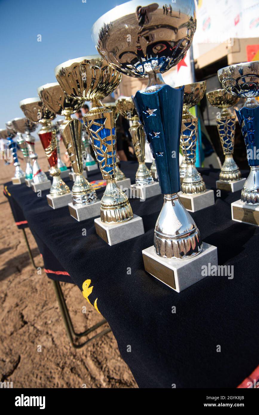 Trophies for winners of the annual Grand Bara Race are displayed before ...