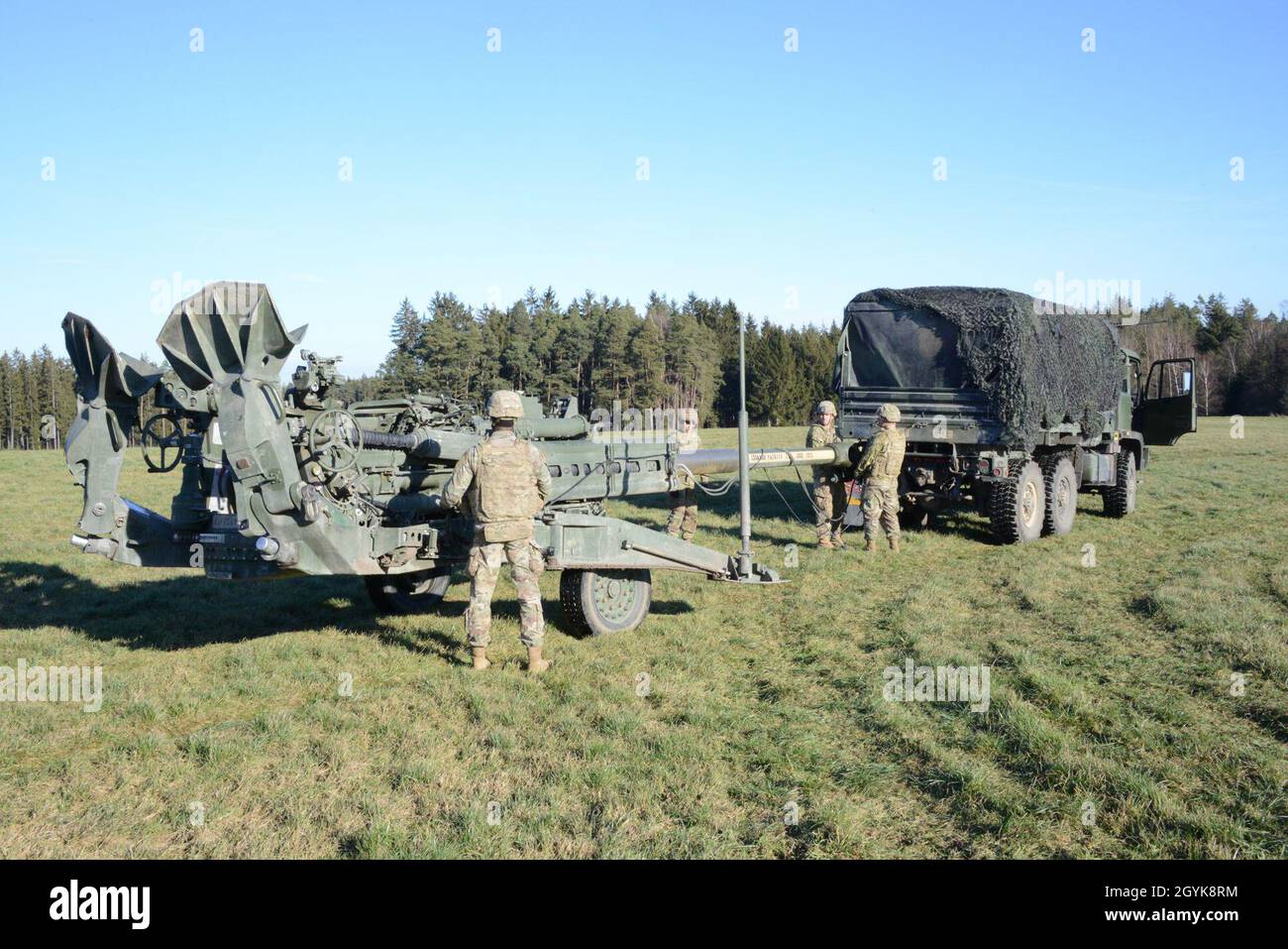 U.S. Soldiers assigned to the Bravo Battery, Field Artillery Squadron, 2nd Cavalry Regiment ...