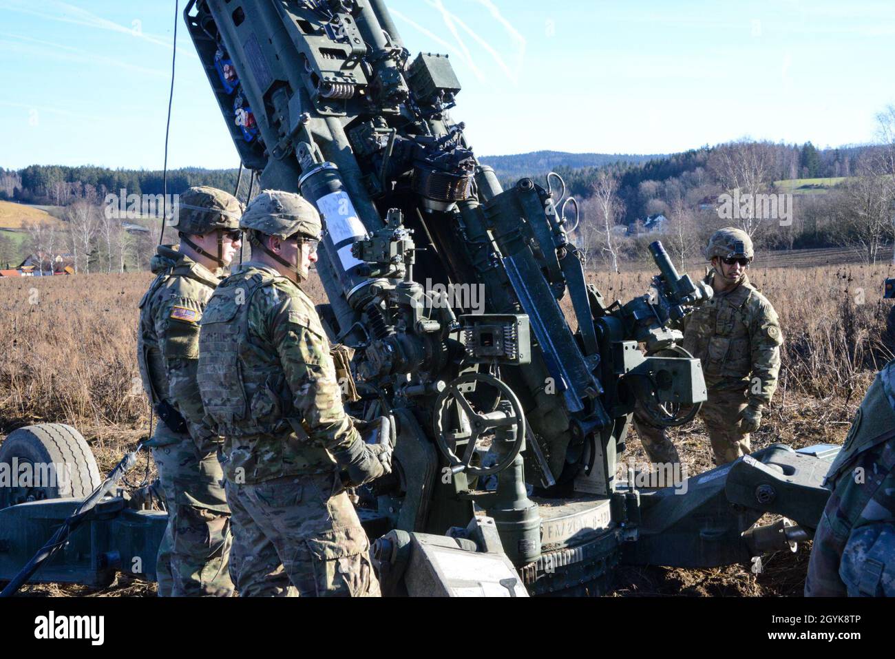 U.S. Soldiers assigned to the Bravo Battery, Field Artillery Squadron, 2nd Cavalry Regiment ...