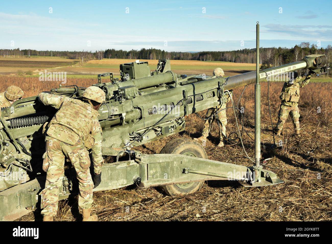 U.S. Soldiers assigned to the Bravo Battery, Field Artillery Squadron, 2nd Cavalry Regiment ...