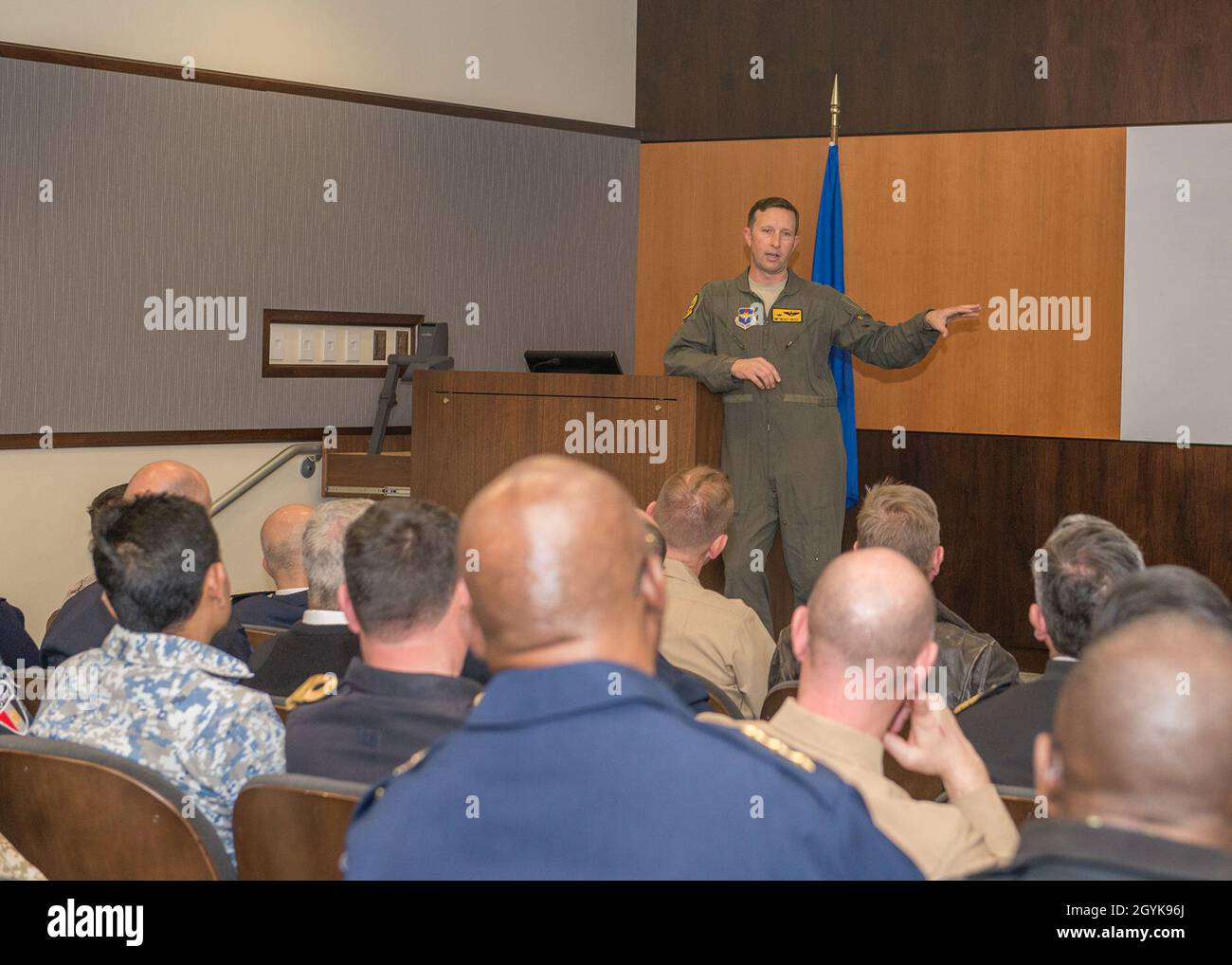 Lt. Col. Thomas Hayes, 61st Fighter Squadron commander, briefs students ...