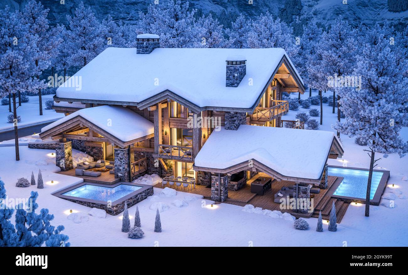 3d rendering of modern cozy chalet with pool and parking for sale or ...
