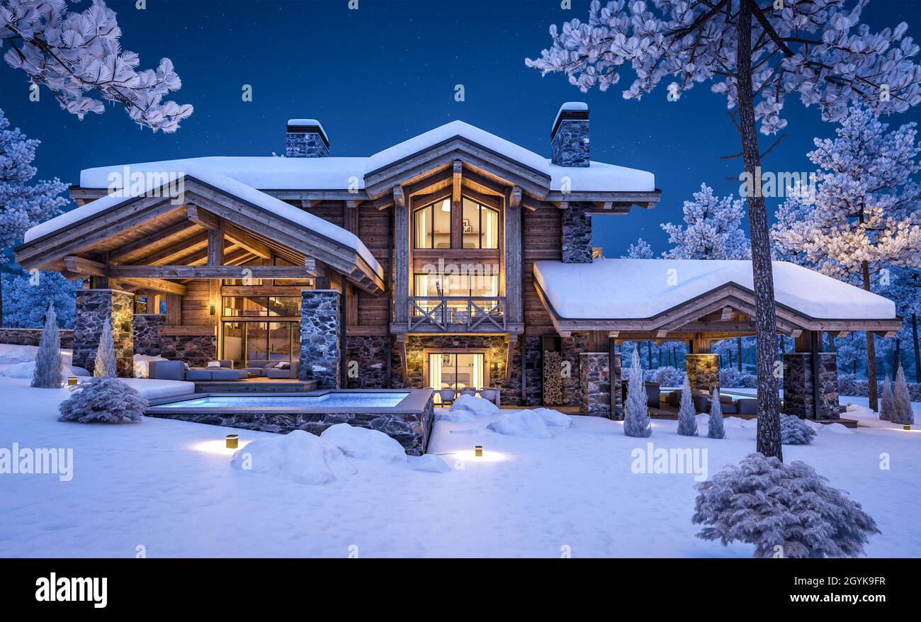 3d rendering of modern cozy chalet with pool and parking for sale or ...