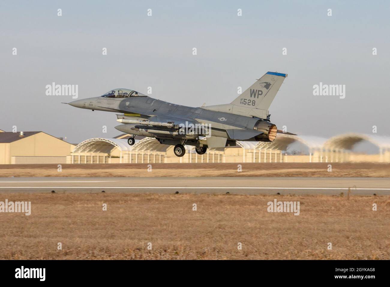 A U.S. Air Force F-16 Fighting Falcon assigned to the 35th Fighter Squadron “Pantons” takes off ...