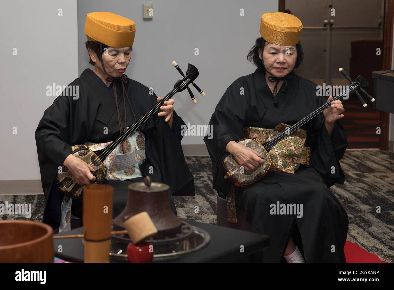 Urasaki Kyoko, left, and O-Shiro Takako, play the shamisen, a three ...