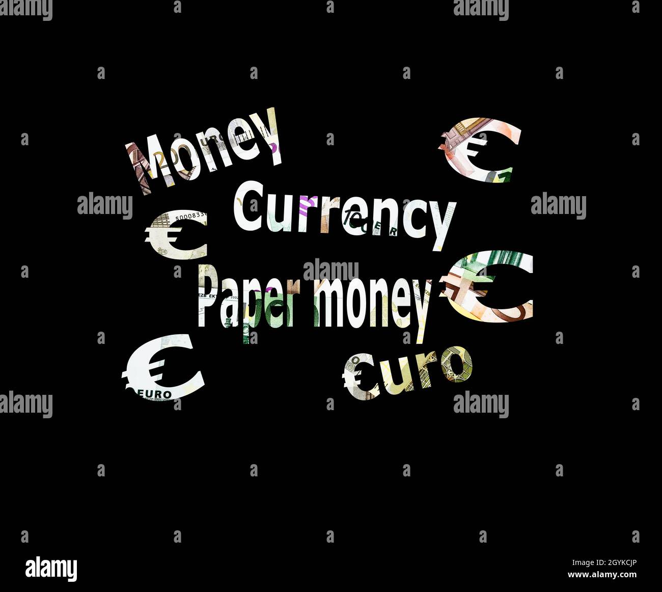Writings and euro symbols with banknotes inside on a black background ...