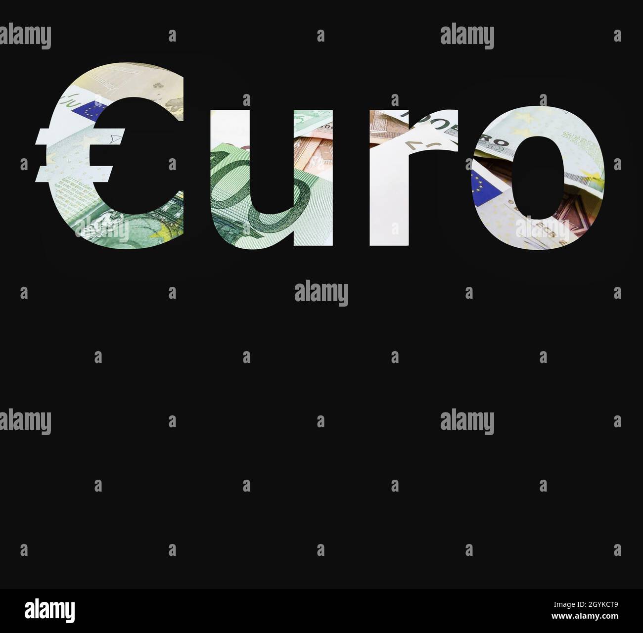 Euro writing and symbol with banknotes inside on a black background ...