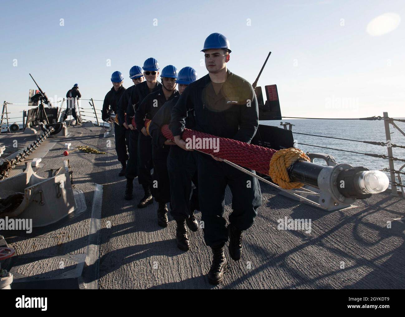 SAN DIEGO (Jan. 17, 2020) Sailors carry the jackstaff aboard the ...