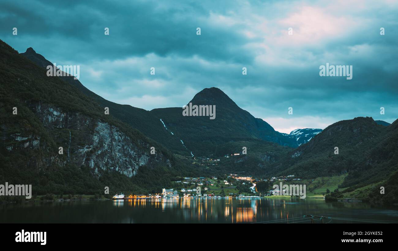 Geirangerfjord, Norway. Night View Of Geiranger In Geirangerfjorden In ...