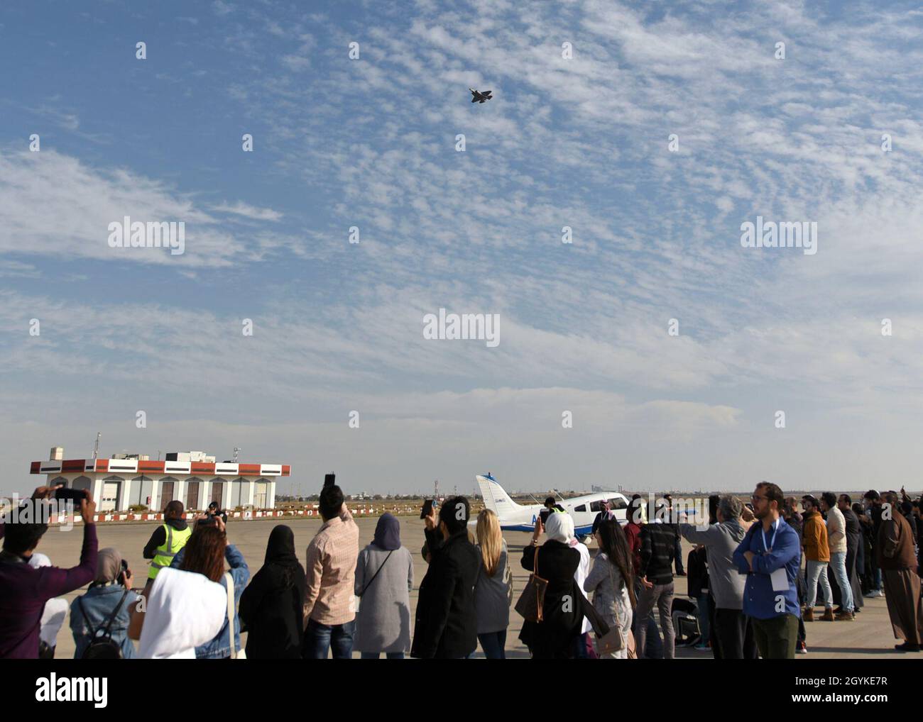 A U.S. Air Force F-15E Strike Eagle performs a flyby at the 2020 Kuwait ...