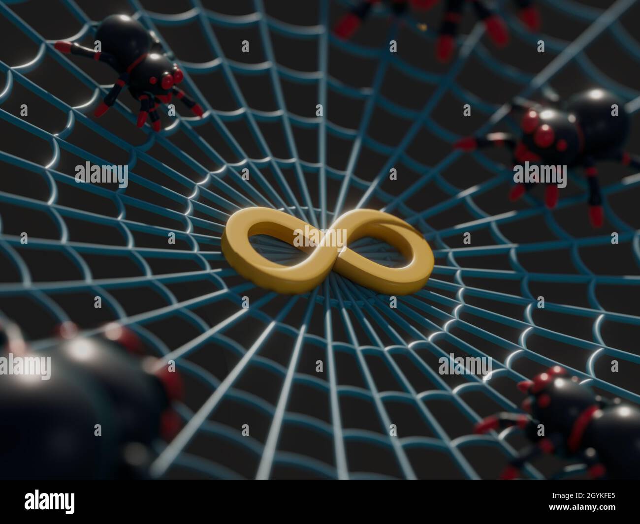 3D render of a spiderweb with spiders and a golden infinity symbol ...