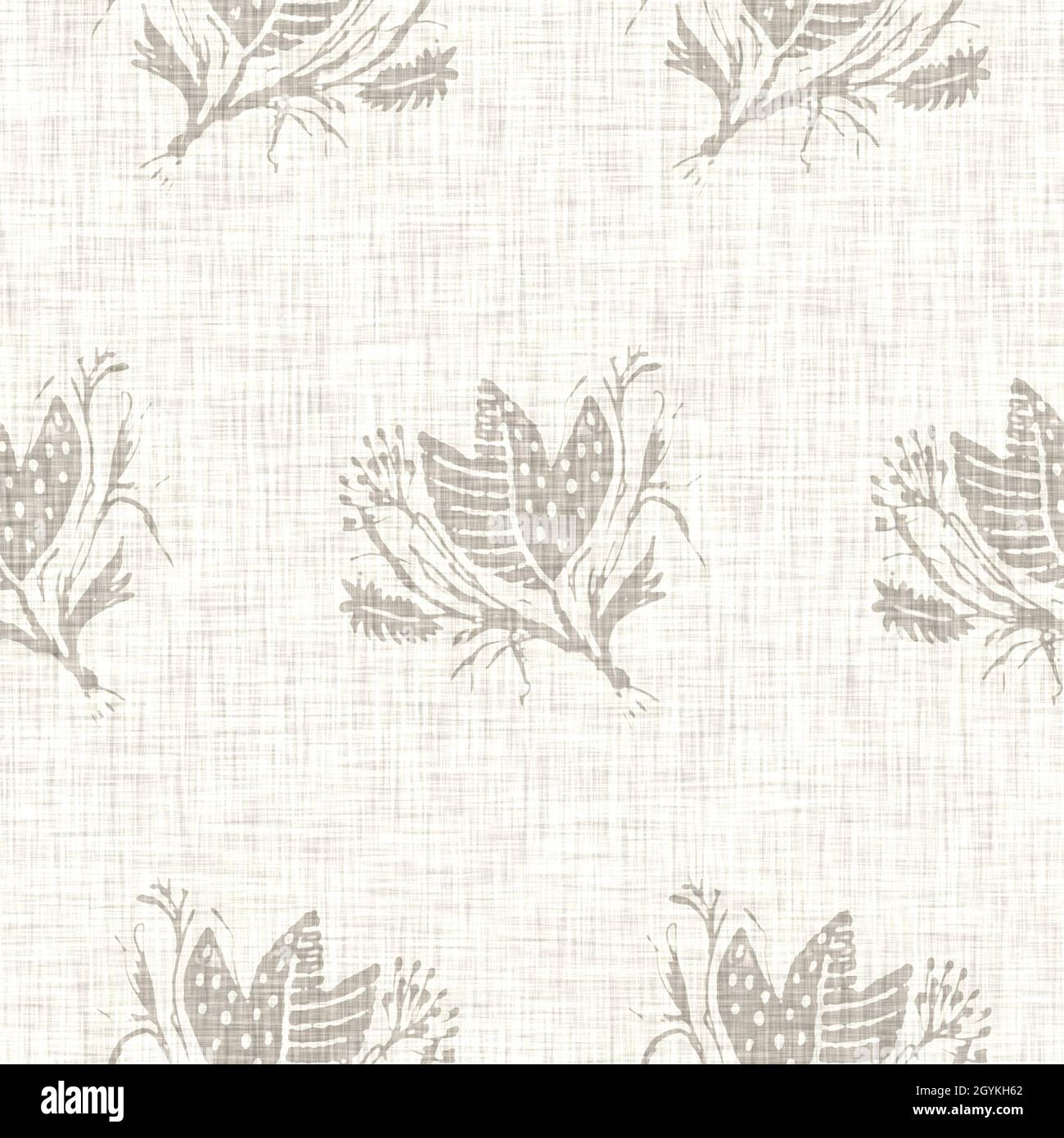 Hand drawn grey flower motif linen texture. Whimsical garden seamless ...