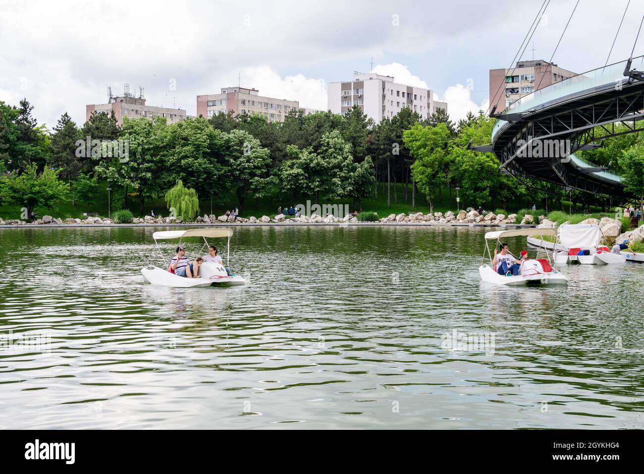 Bucharest, Romania - 29 May 2021: Landscape with lake and vivid green ...