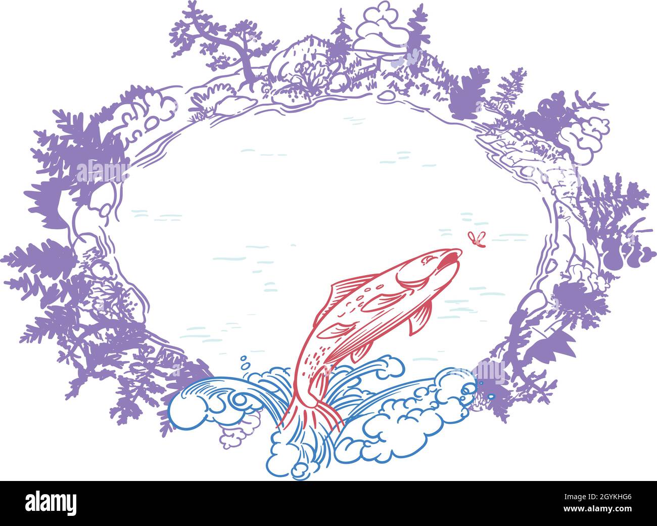 circular frame of shoreline with fish jumping in the foreground Stock ...