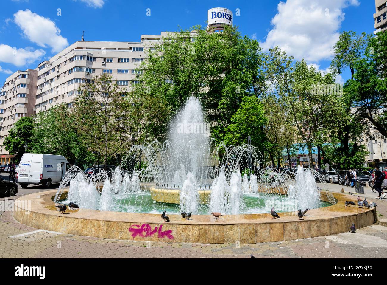 Bucharest, Romania - 6 May 2021: Decorative water fountain near the ...