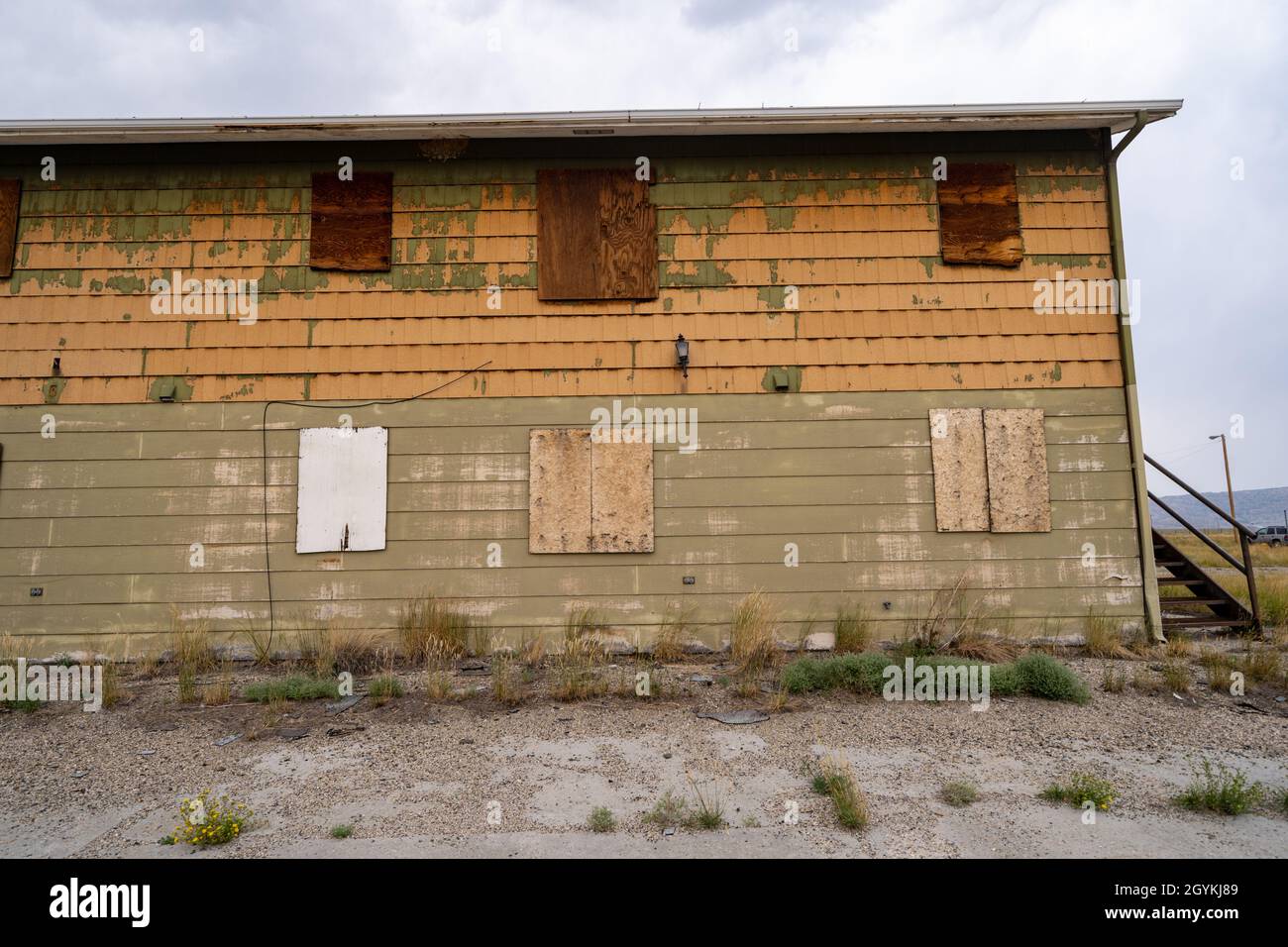 Abandoned bunkhouse or hotel building in the ghost town of Jeffrey City ...