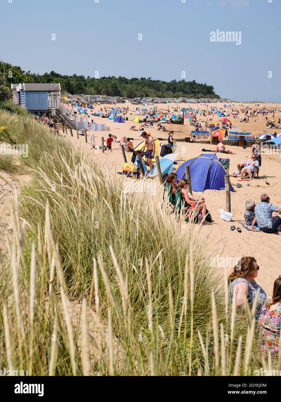 Tourists enjoying the popular summer beach sand dune landscape of ...
