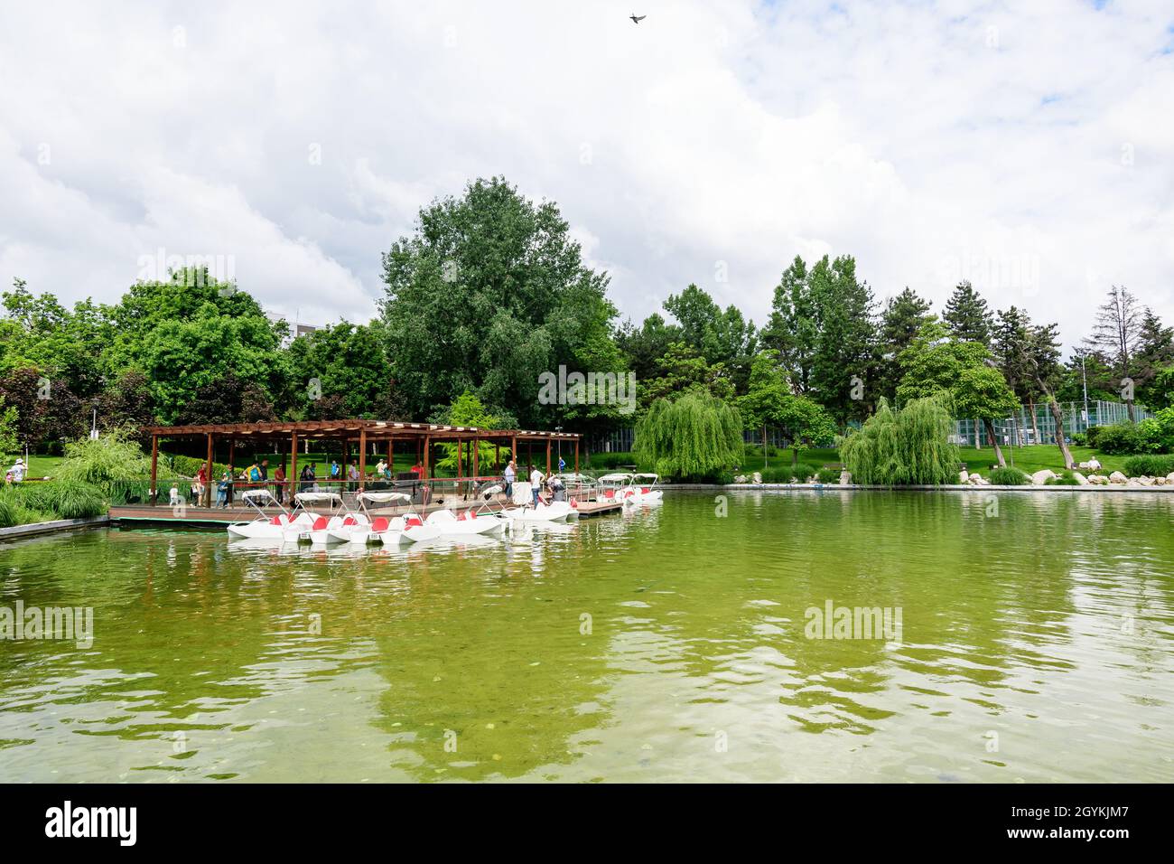 Bucharest, Romania - 29 May 2021: Landscape with lake and vivid green ...
