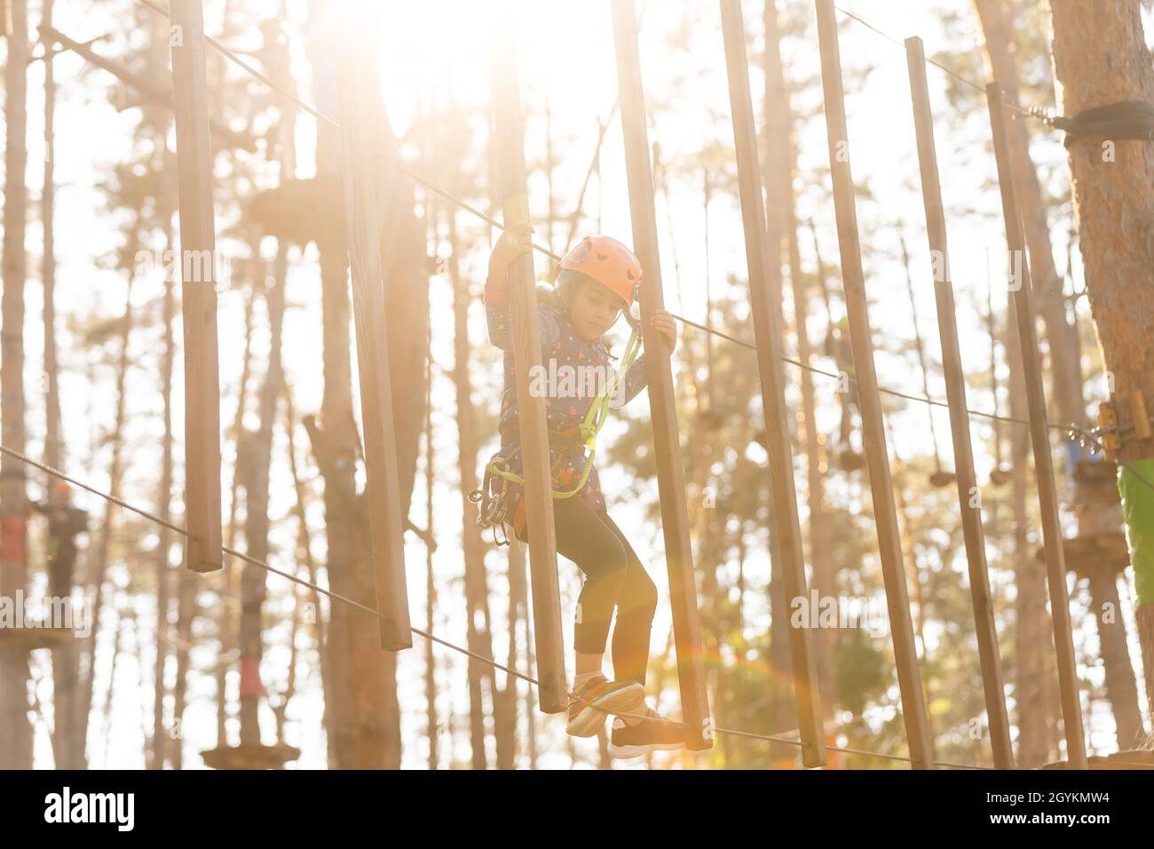 Child in forest adventure park. Kids climb on high rope trail. Agility ...