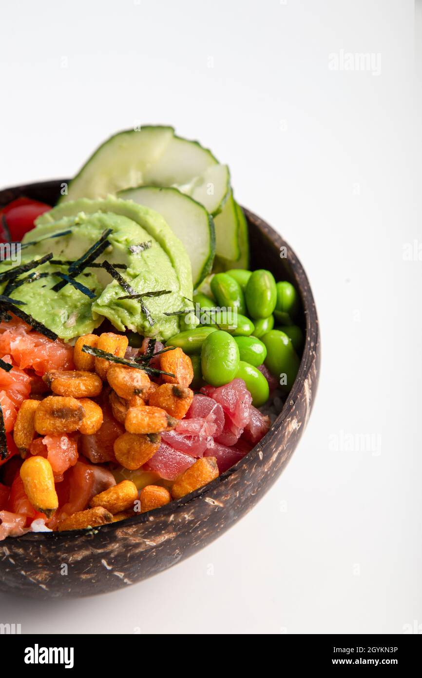 Traditional Hawaiian tuna and salmon poke platter on white background ...