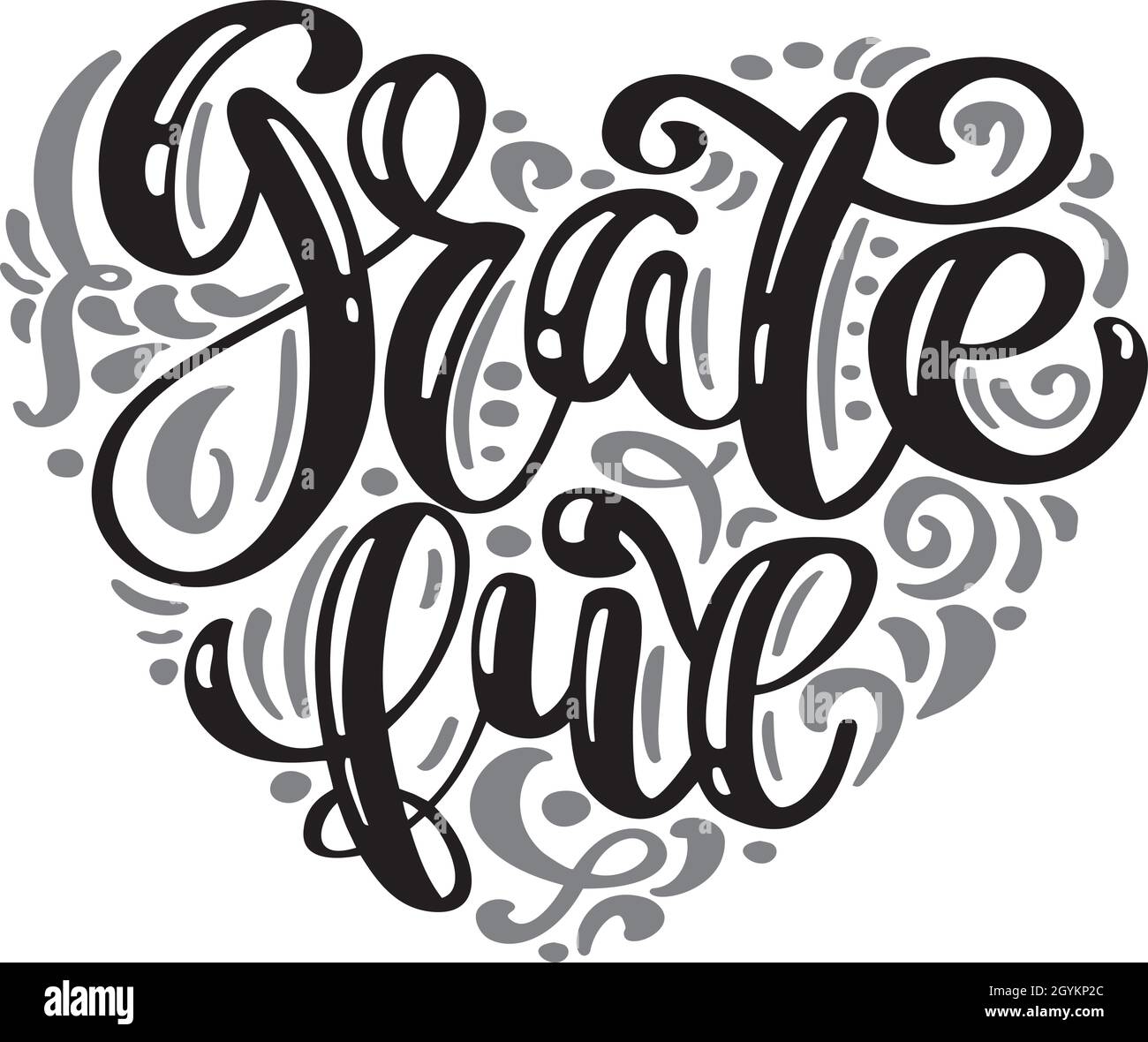 Calligraphy text Grateful in the shape of a heart hand drawn postcard ...