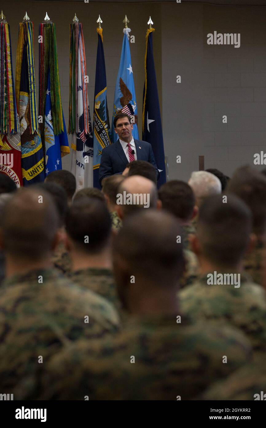 Secretary of Defense Dr. Mark Esper speaks to the staff of U.S ...