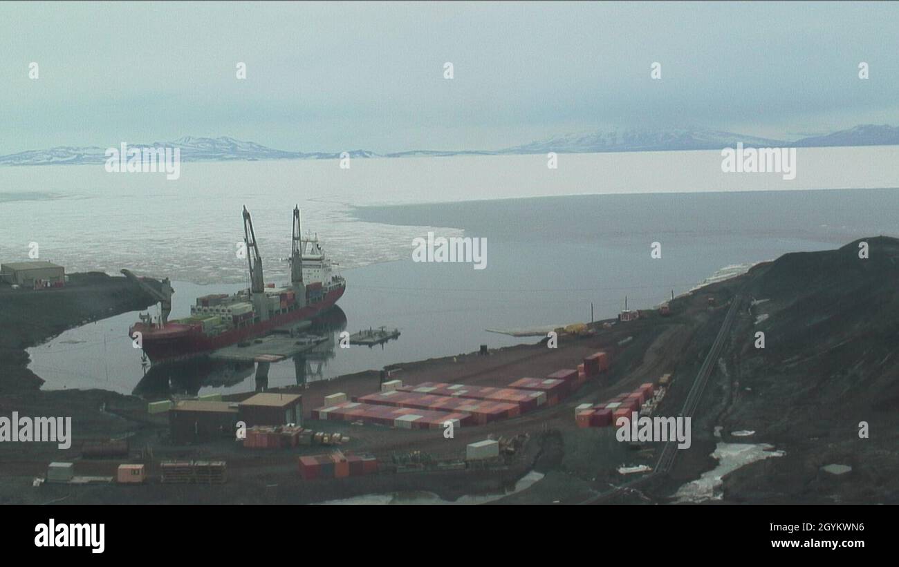 A section of a Marine Causeway System is moved into place at McMurdo ...