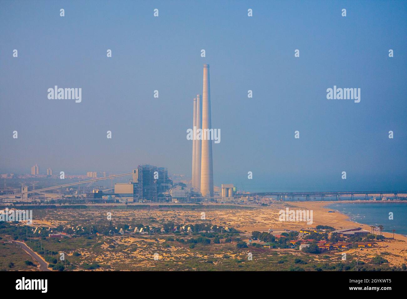 Orot Rabin power plant chimneys and its coal pier in Israel Stock Photo ...