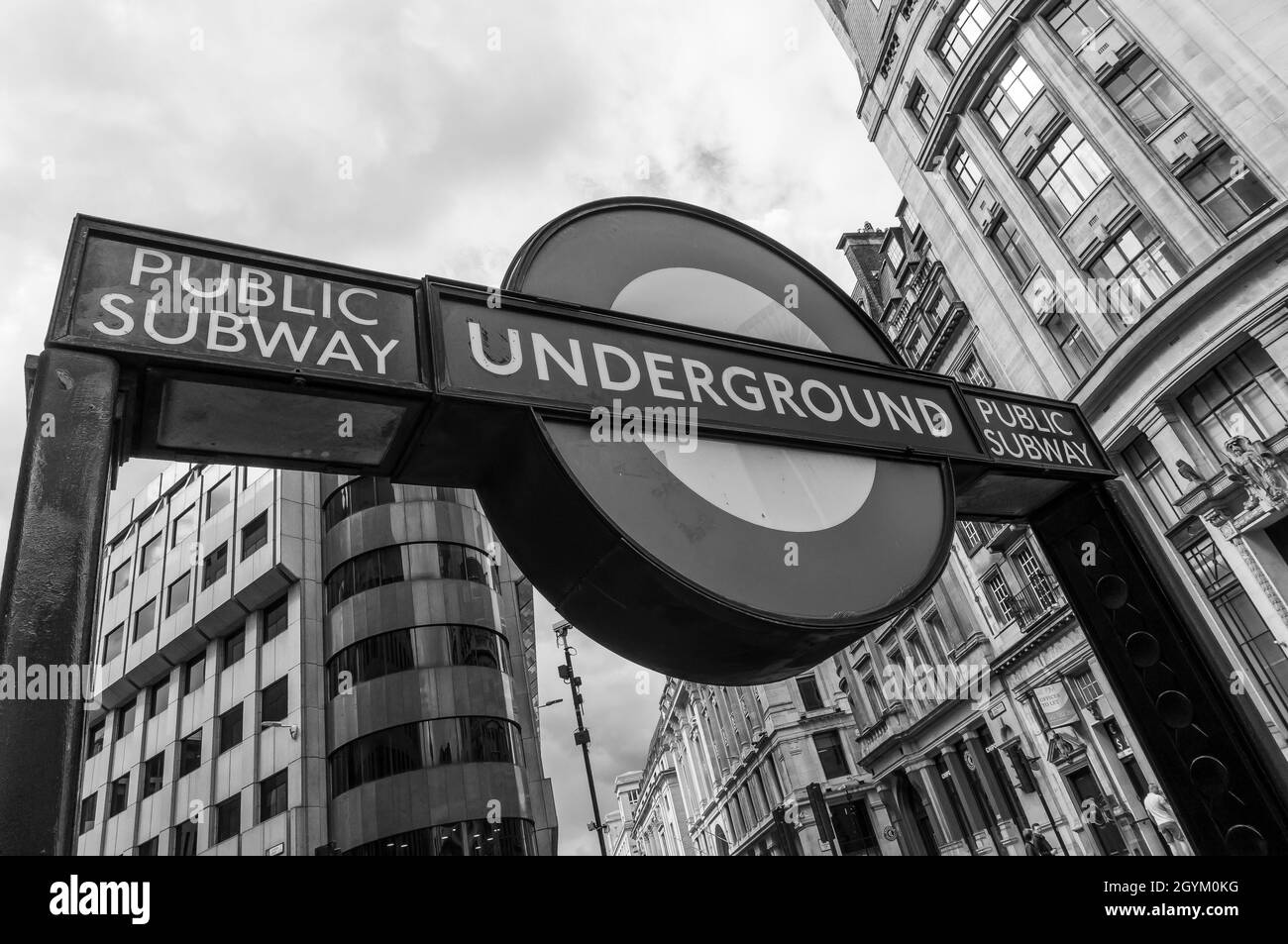 London Underground Subway sign. Black and white photography Stock Photo ...