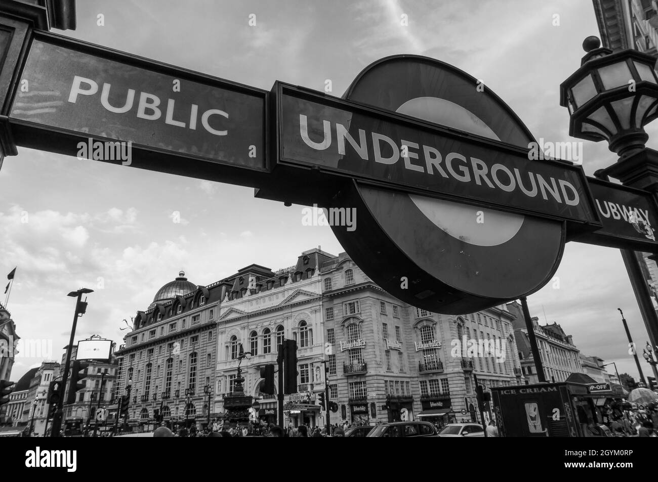 London Underground Subway sign. Black and white photography Stock Photo ...