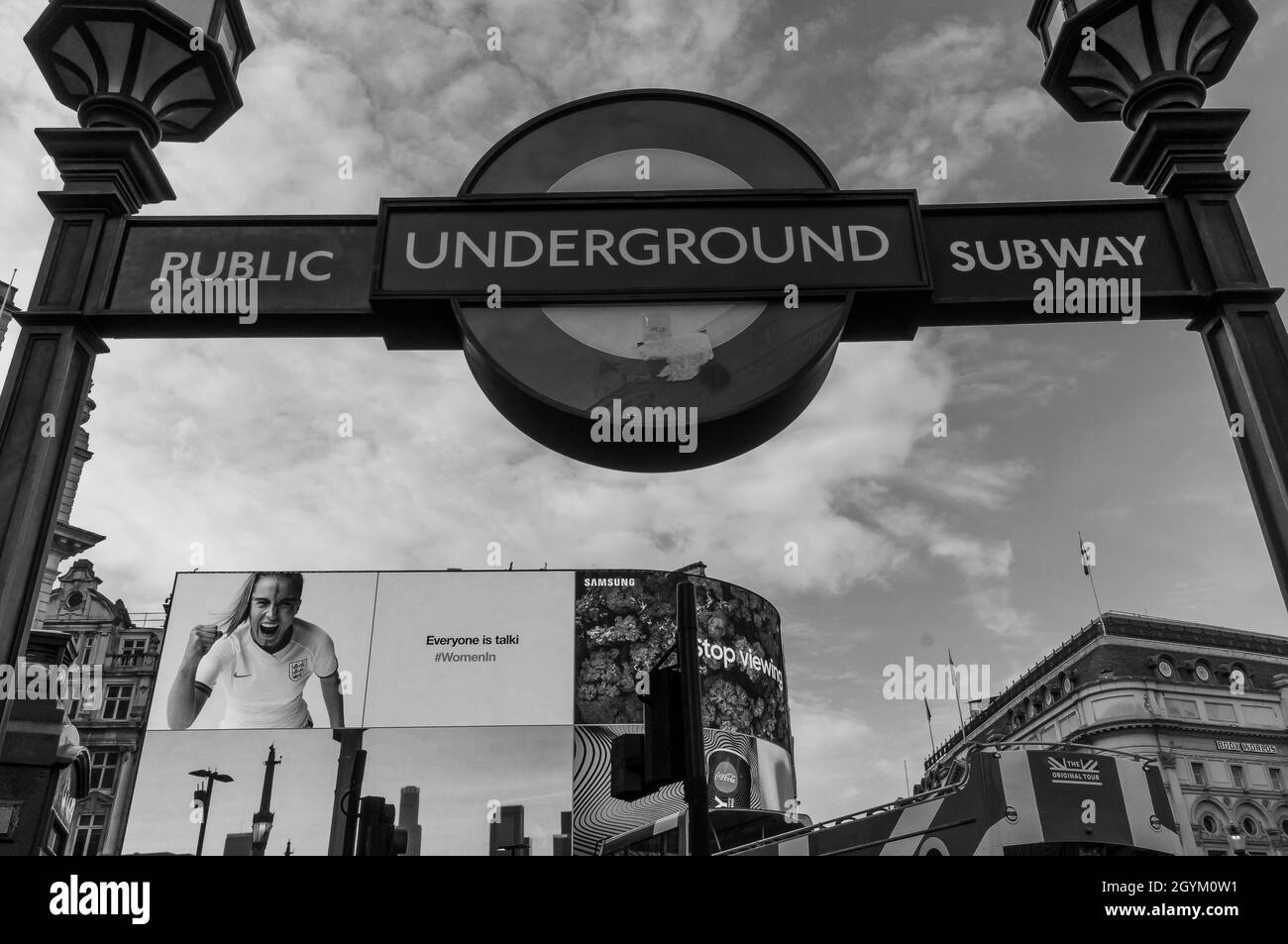 London Underground Subway sign. Black and white photography Stock Photo ...