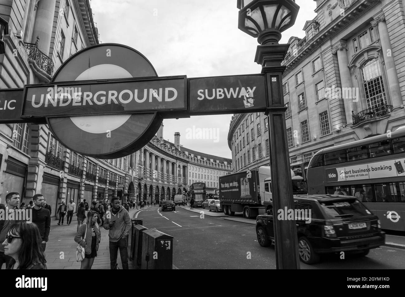 London Underground Subway sign. Black and white photography Stock Photo ...