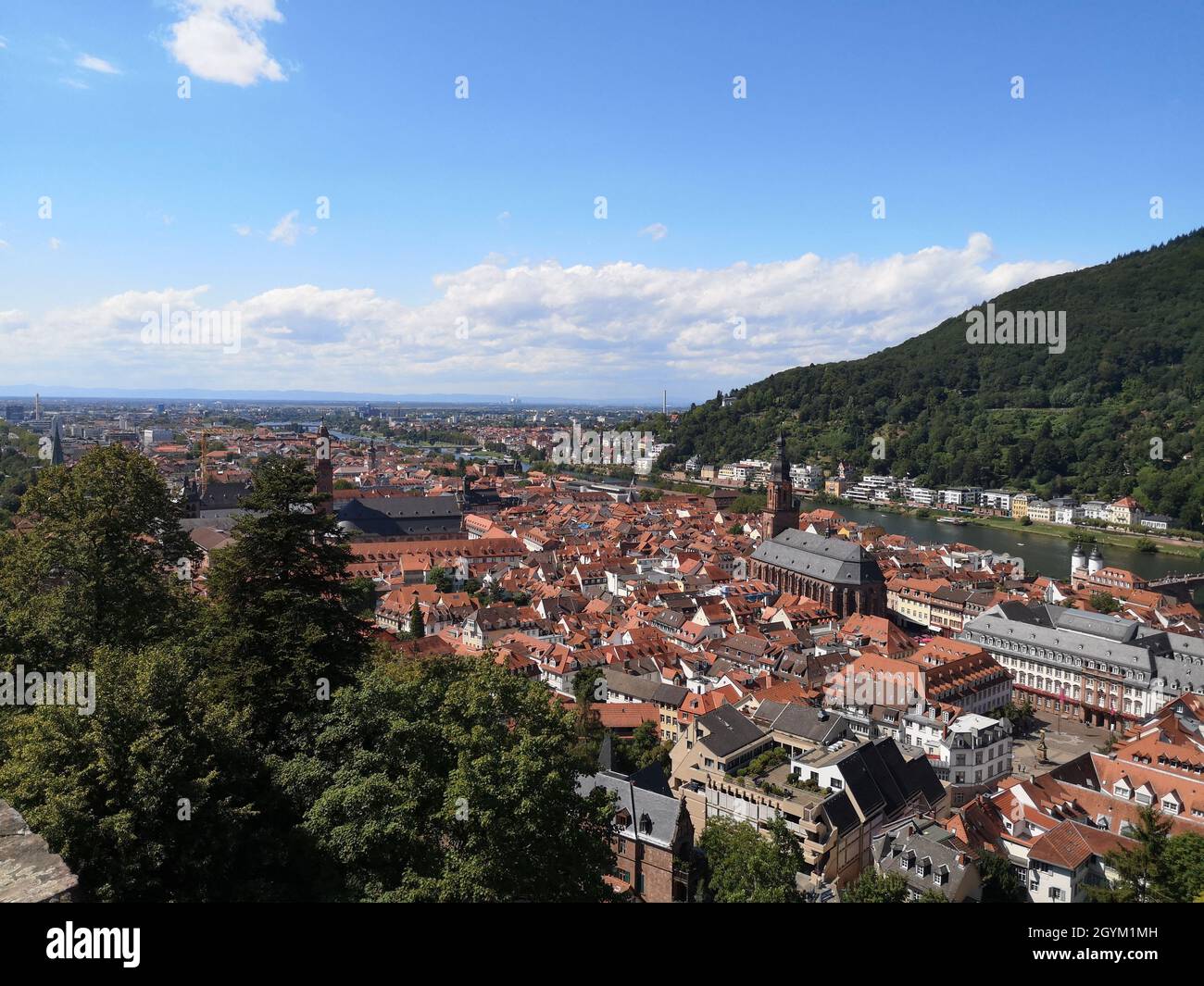 Cityscape of Heidelberg surrounded by hills under the sunlight and a ...