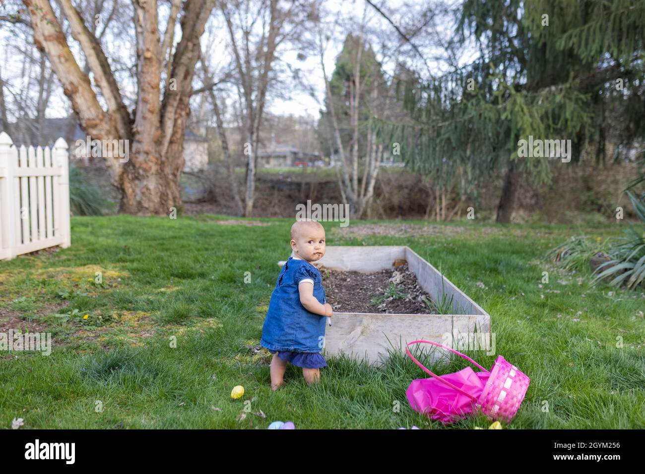 Beautiful view of adorable baby looking back in backyard Stock Photo ...