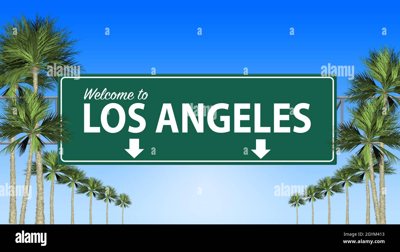 Welcome to Los Angeles freeway sign with palm trees - Illustration ...