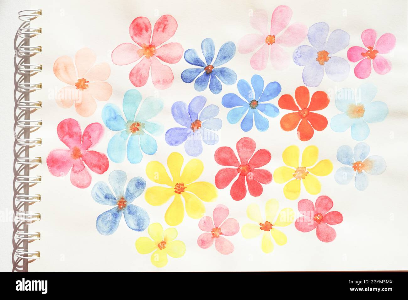 Cute watercolor flowers of different colors on a white paper album ...
